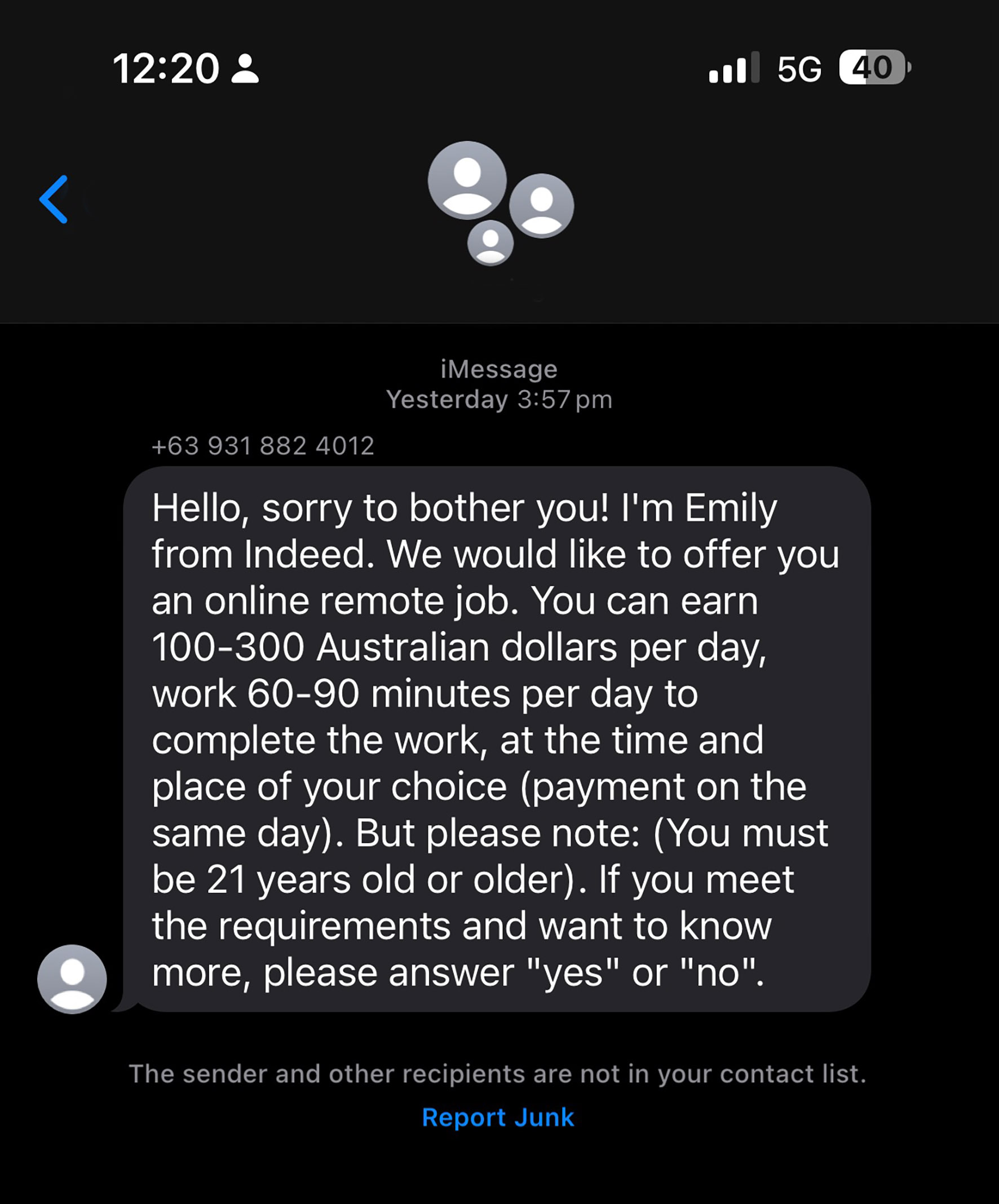 Scam texts: Money Mule Recruitment - One Click Verify